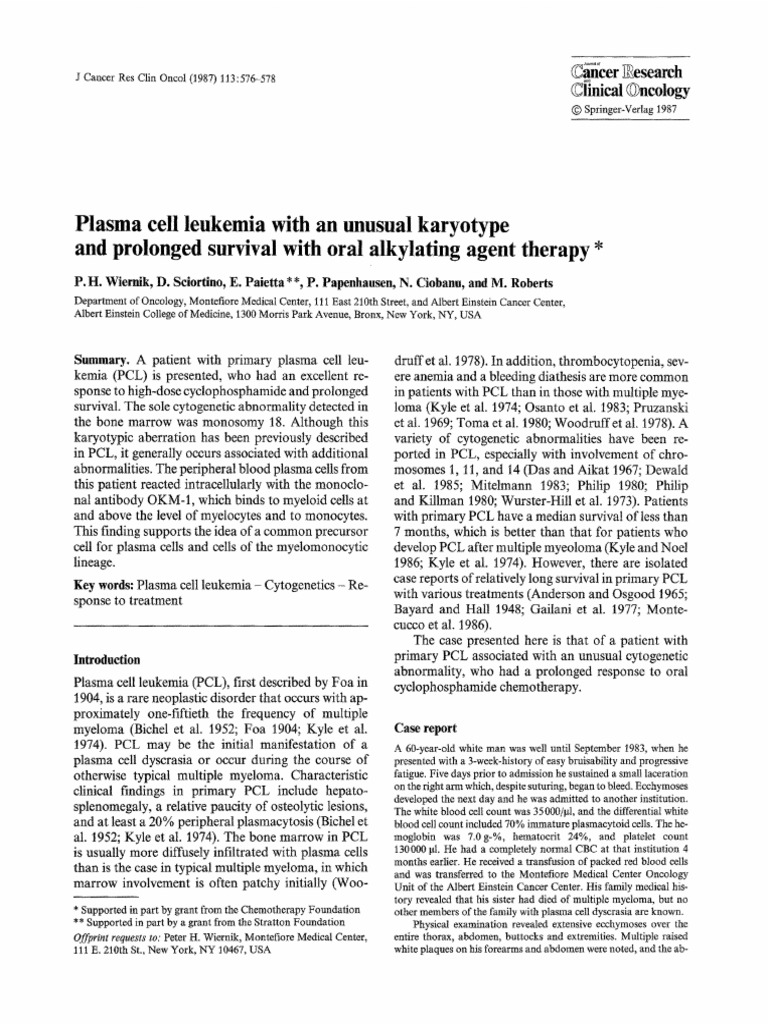WIERNIK 1987 Plasma Cell Leukemia With An Unusual Karyotype - 1987 ...