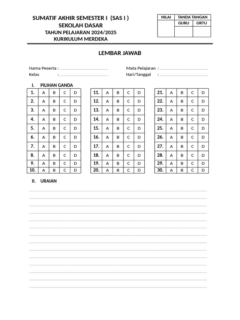 Lembar Jawaban Sumatif Akhir Semester I | PDF