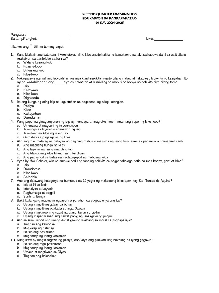 Esp 10 2nd Quarter Examdocx | PDF