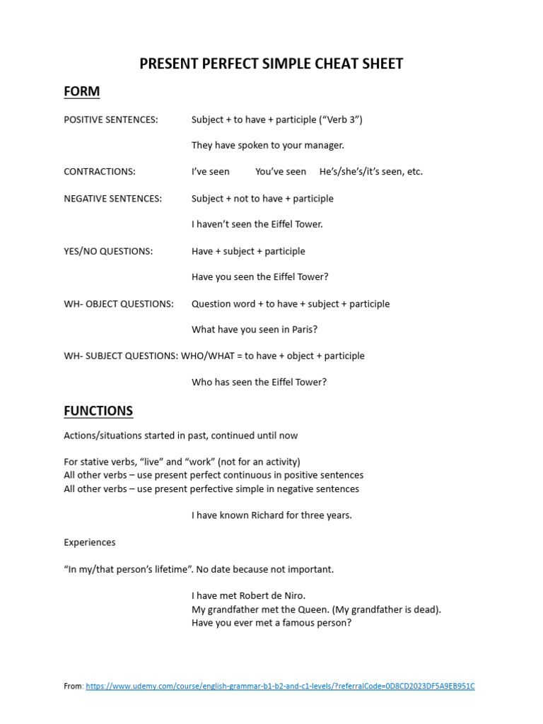 Present Perfect Simple Cheat Sheet | PDF | Languages | Foreign Language ...
