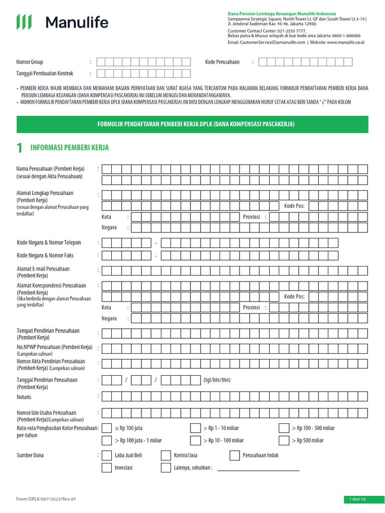 Formulir Pendaftaran DPLK Manulife | PDF