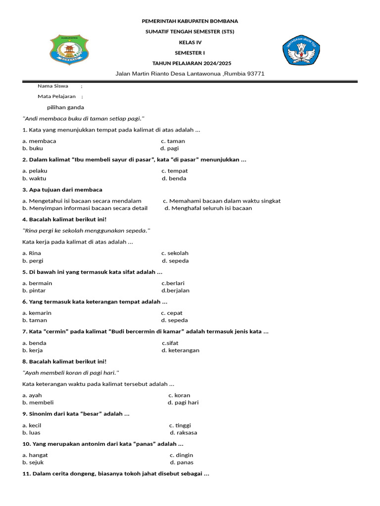 Soal Sas Bhs Indonesia Kelas 4 s.1 Kurmer | PDF