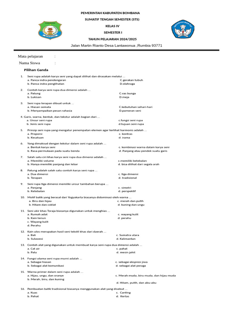 Soal Seni Rupa Kls 4 s.1 Marna | PDF