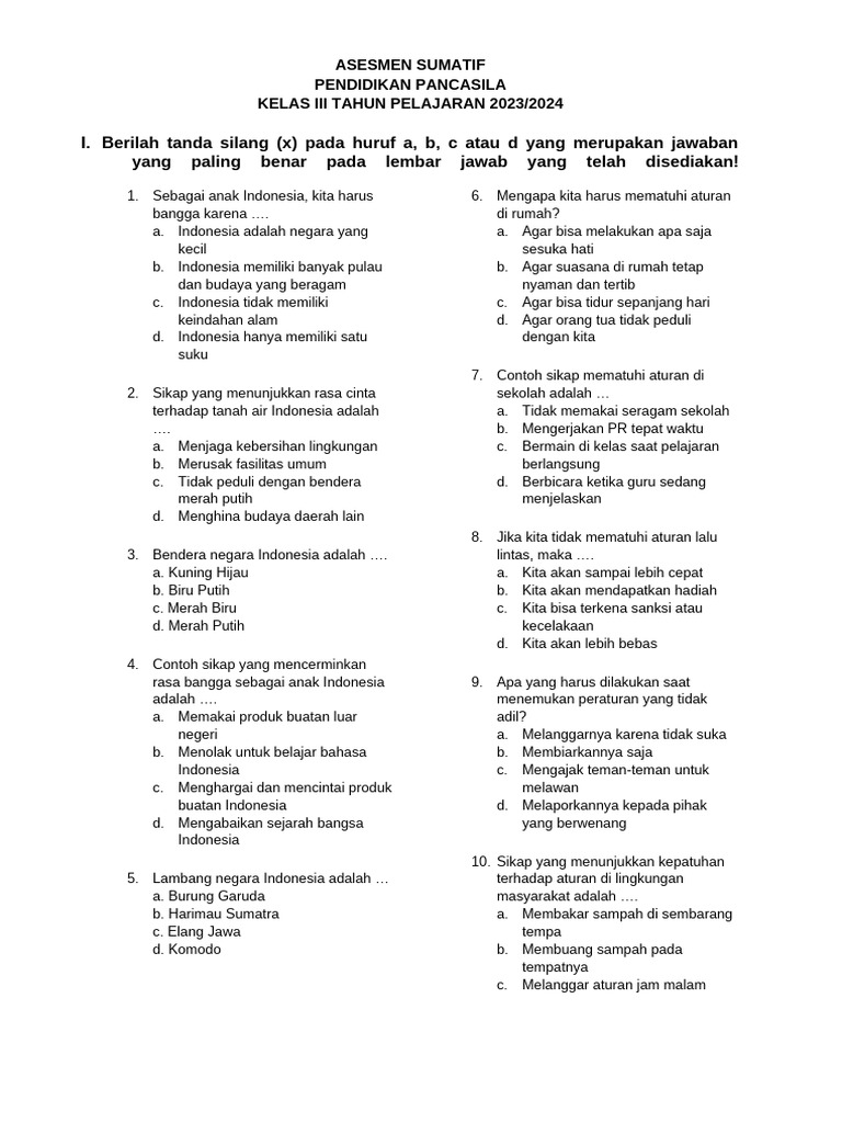 Asesmen Sumatif Pendidikan Pancasila Kelas 3 | PDF