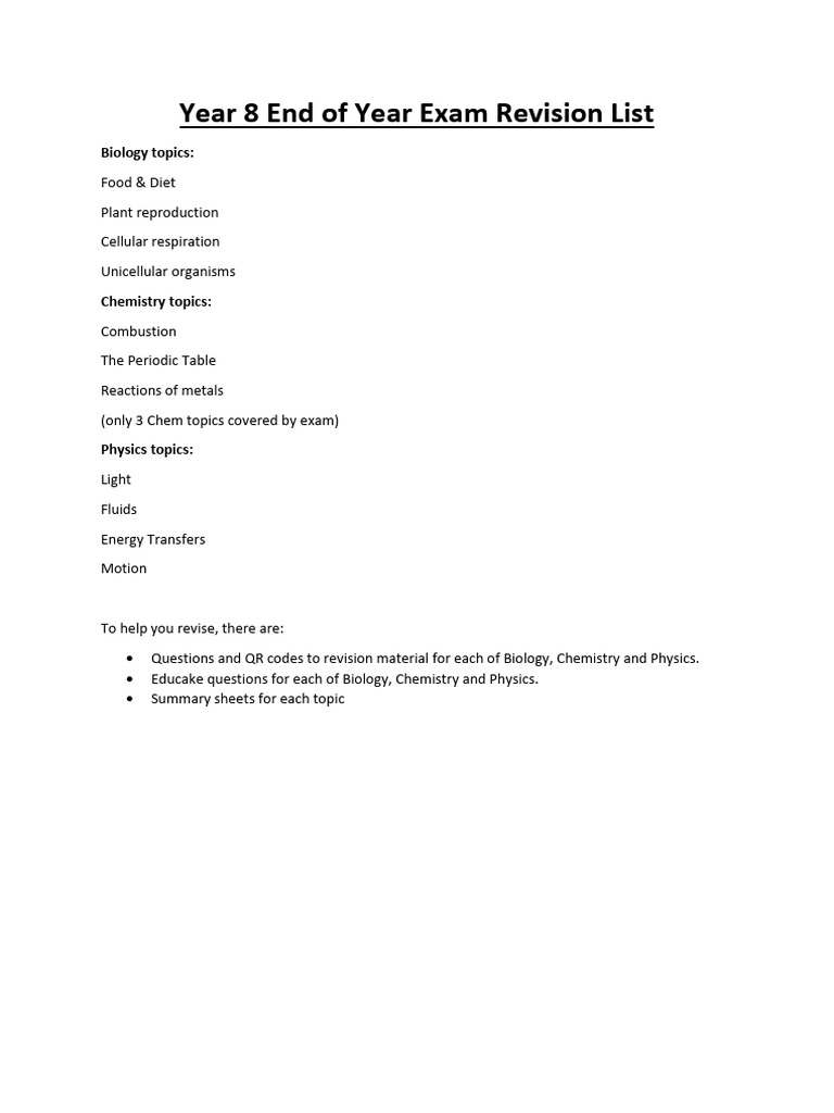 Year 8 End of Year Exam Revision List | PDF