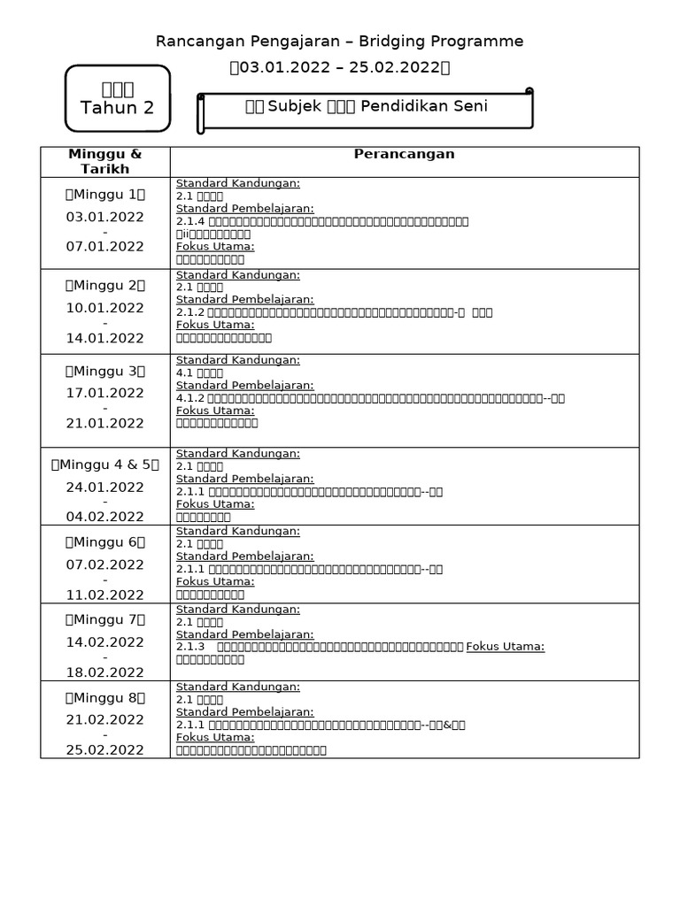 Rancangan - Pengajaran - Bridging - Programme - Tahun - 2 Seni | PDF