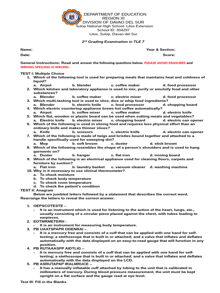 2nd Periodical EXam in TLE 7 | PDF | Blender | Hazards