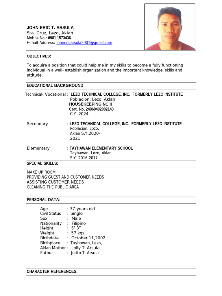 Housekeeping NC II Applicant Resume | PDF