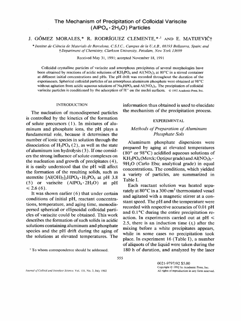The Mechanism of Precipitation of Colloidal Variscite (ALP04.2H20 ...