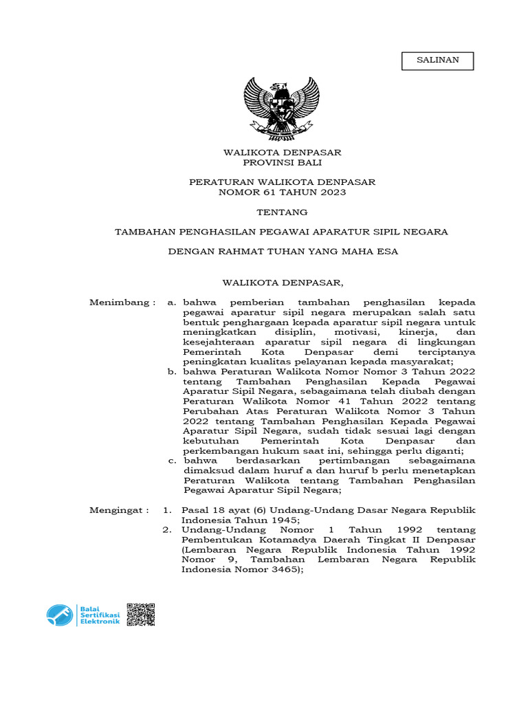 Perwalikota Denpasar 61 Tahun 2023 Tentang TPP | PDF