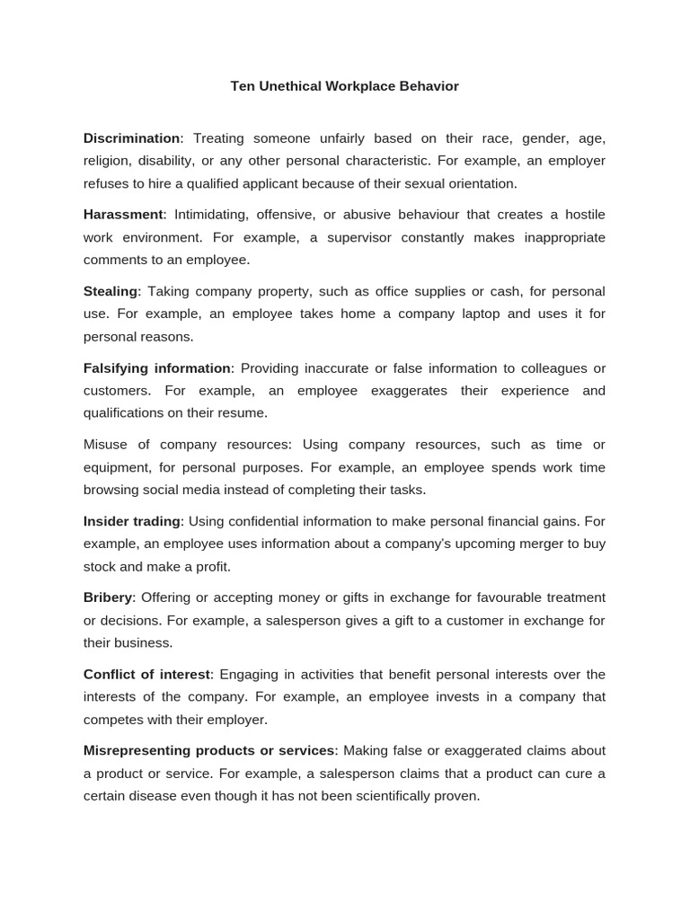 Ten Unethical Workplace Behavior | PDF