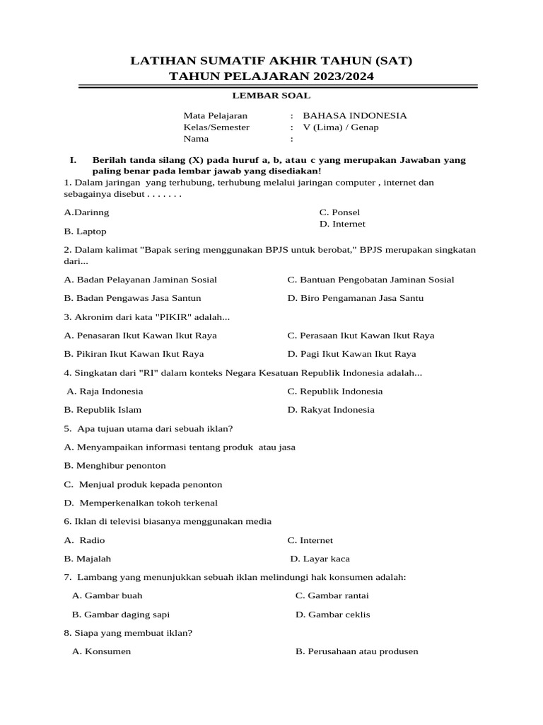 SAT B.INDONESIA KELAS 5 | PDF