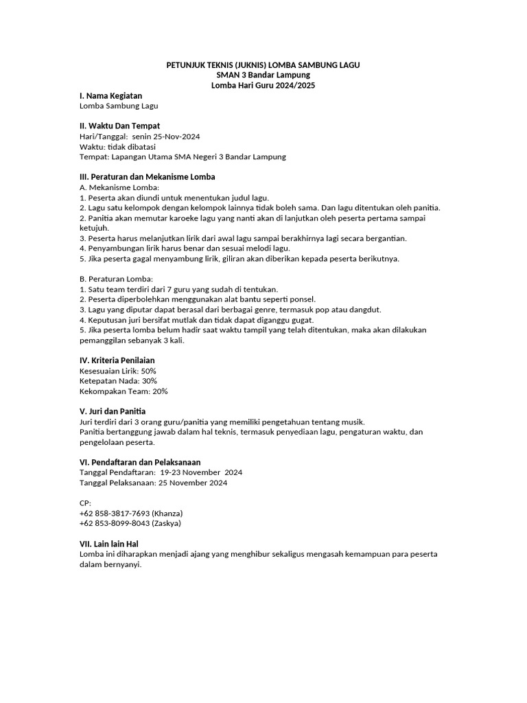 Juklak Juknis Lomba Sambung Lagu Guru | PDF