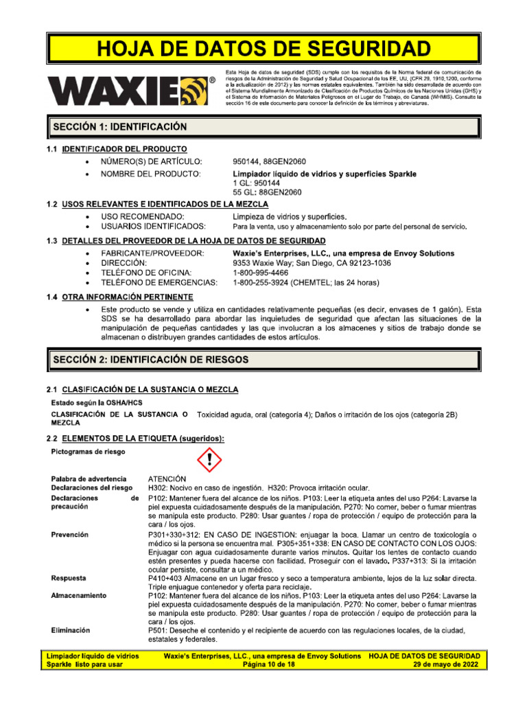 Waxie Sparkle Glass & Surface Cleaner HDS | PDF