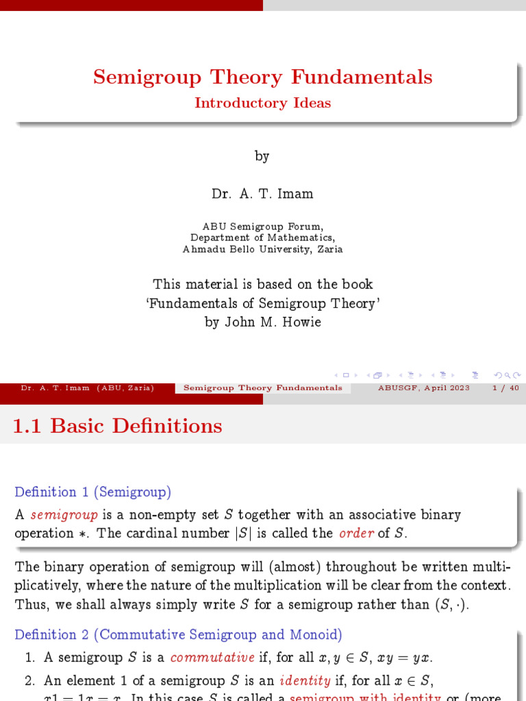 AT Imam_Semigroup_Theory_Introduction_Part_I-1 | PDF | Group (Mathematics) | Mathematical Structures