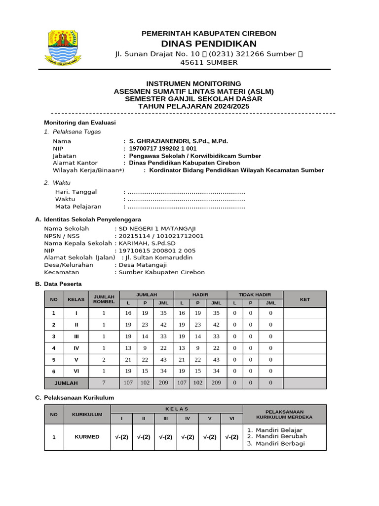 Karso - Monitoring ASLM Kelas 1-6 - TP. 2024-2025 - Sumber | PDF
