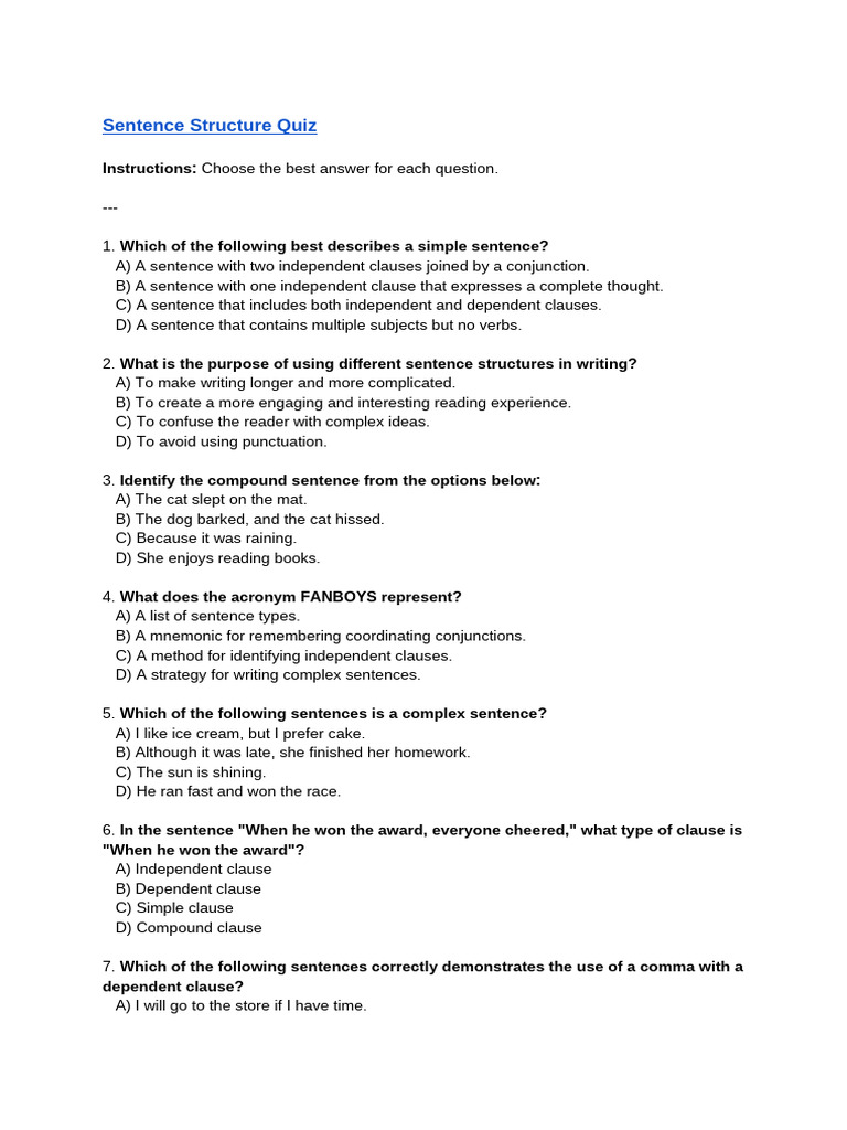 Sentence Structure Quiz and Answers | PDF | Sentence (Linguistics ...