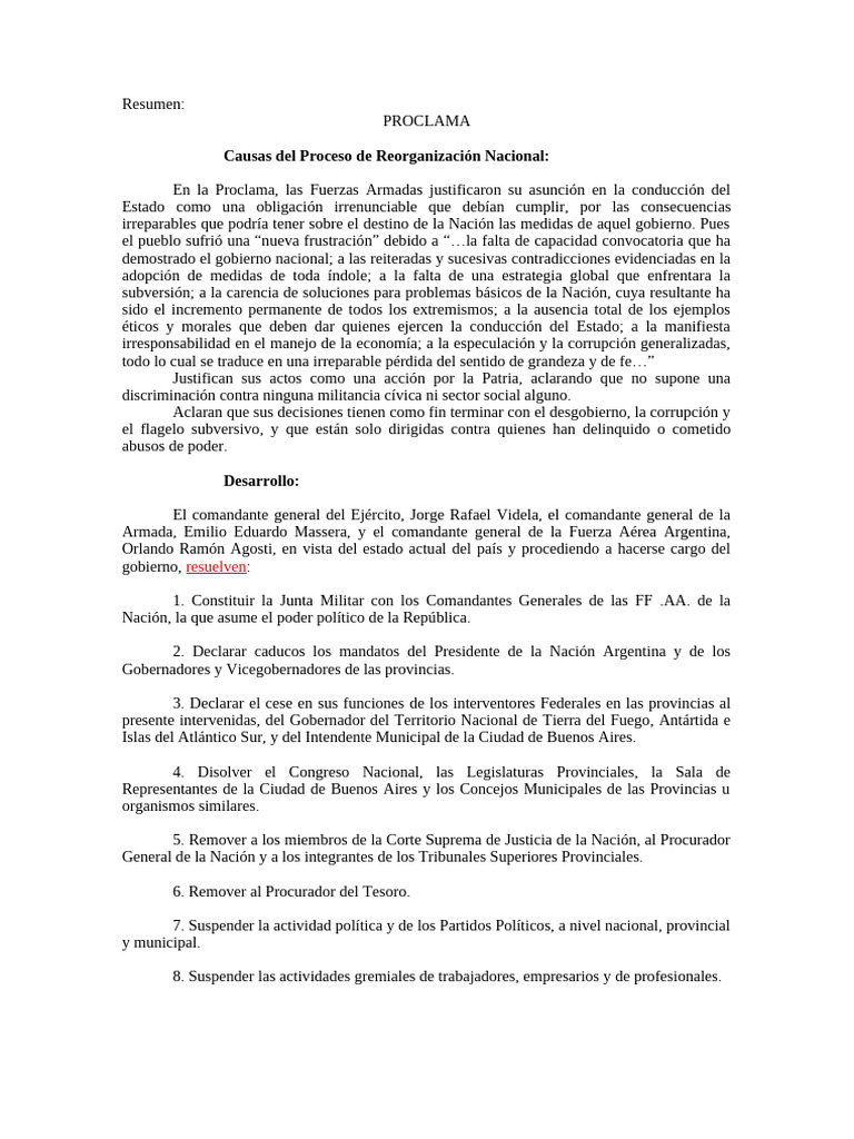 Proclama del Proceso de Reorganización | PDF | Gobierno
