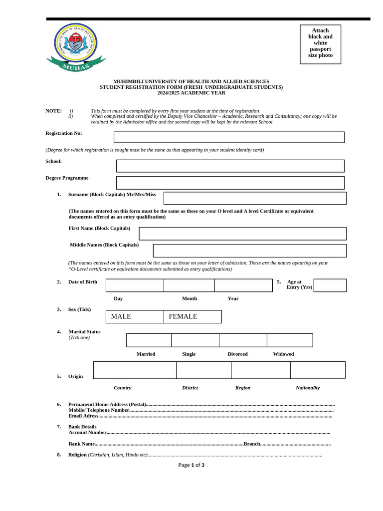 MUHAS Registration Form 2024 DUE | PDF | Diploma | Identity Document