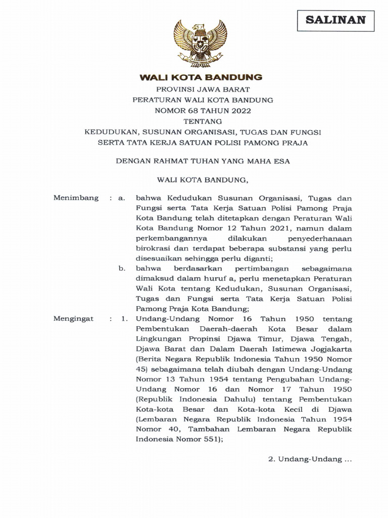 Perwal 68 2022 SOTK Satpol PP - Ex | PDF