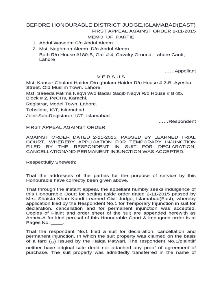 Appeal Abdul Waseem Vs MST Kousar Ghulam Haider Edited | PDF | Lawsuit ...