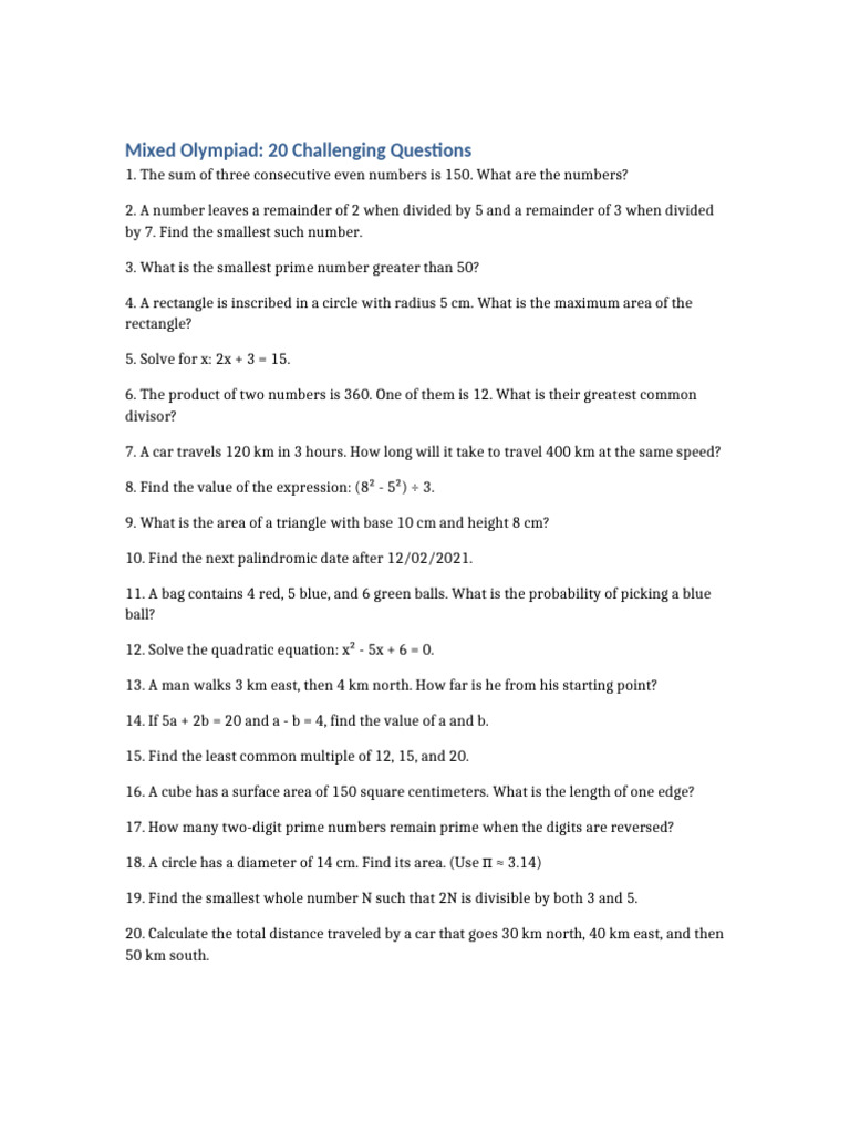 Mixed Olympiad 20 Questions | PDF | Area | Elementary Mathematics