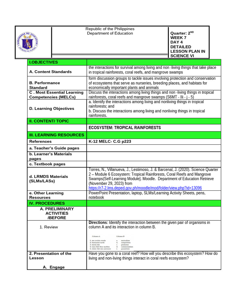 Detailed Lesson Plan: Ecosystems in Science VI | PDF | Coral Reef | Coral