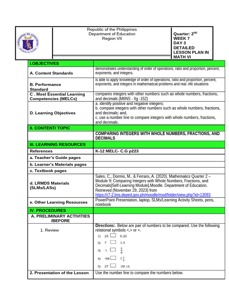 MATH Q2 DLP WEEK 7 DAY 4 | PDF | Numbers | Integer