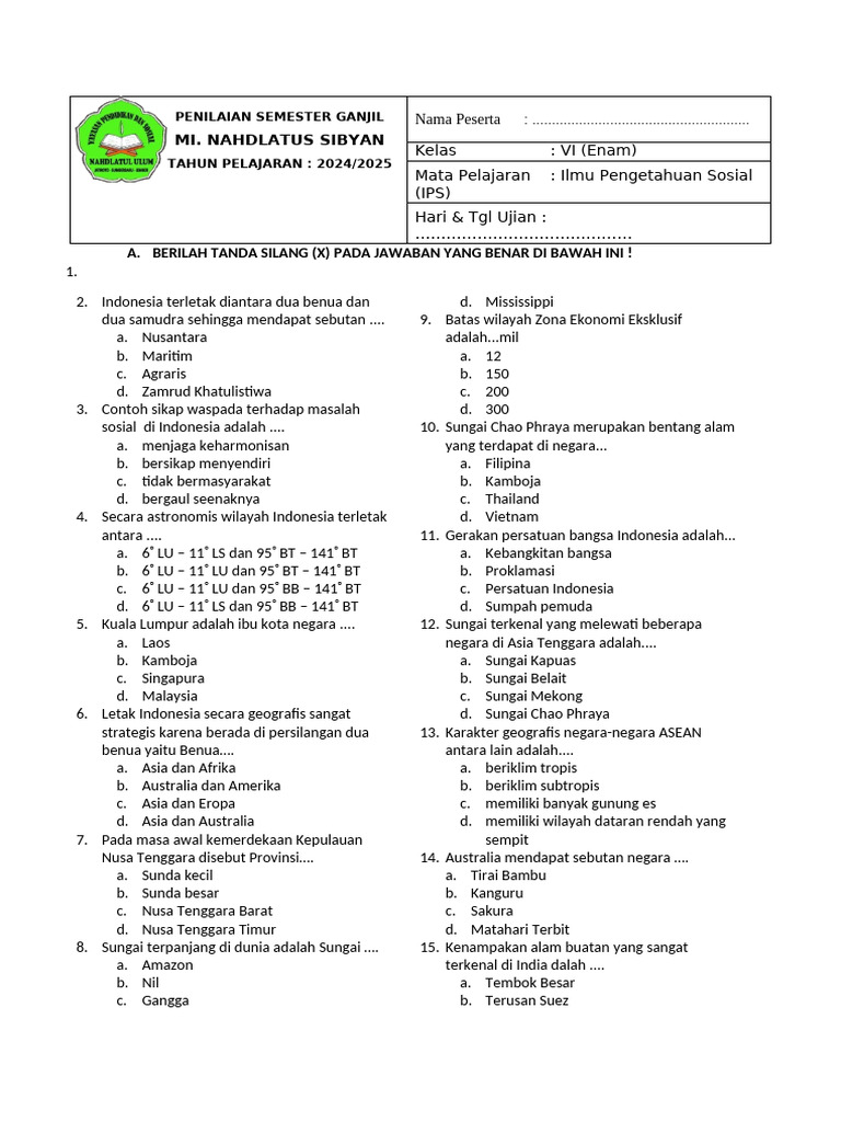SOAL UAS IPS Kls 6 | PDF
