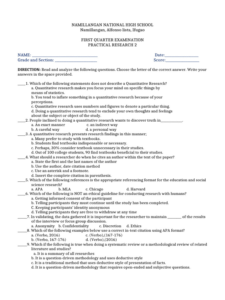 Practical Research 2 Exam Questions | PDF | Methodology | Critical Thinking