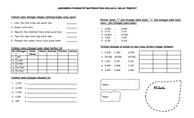 ASESMEN FORMATIF MATEMATIKA Nilai Tempat | PDF