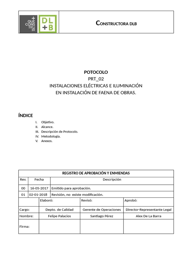 PRT - 02 - Protocolo Instalaciones Electricas de Faena | PDF | Enchufes y tomas de corriente alterna