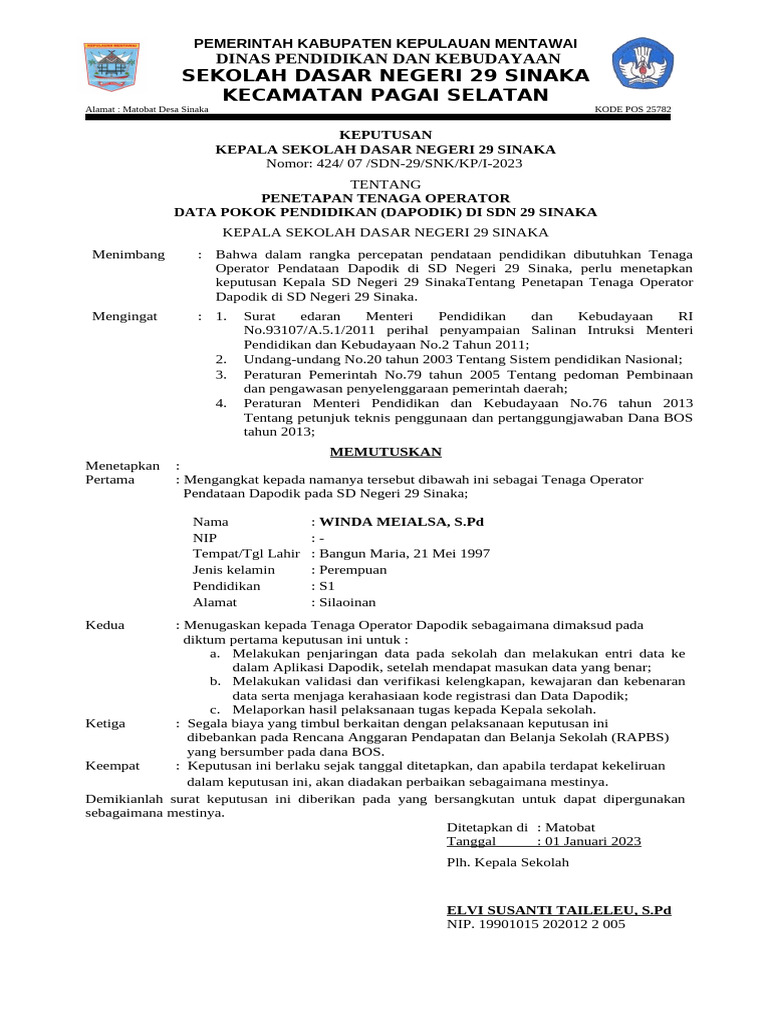 Penetapan Operator Dapodik SDN 29 Sinaka | PDF