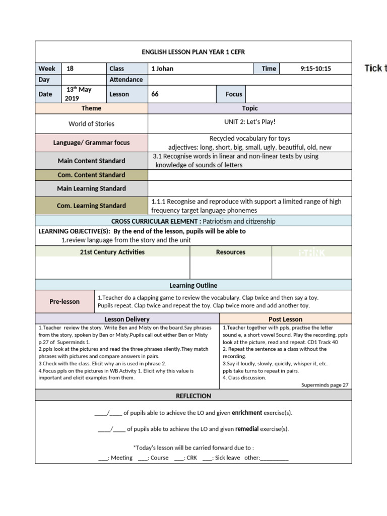 Update Y1 Lesson Plan Week 18 | PDF | Lesson Plan | Vocabulary