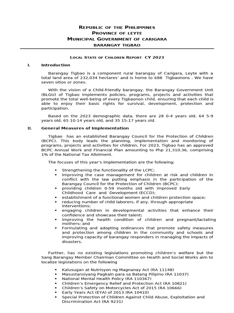 Tigbao State of Children Report | PDF | Human Nutrition | Family