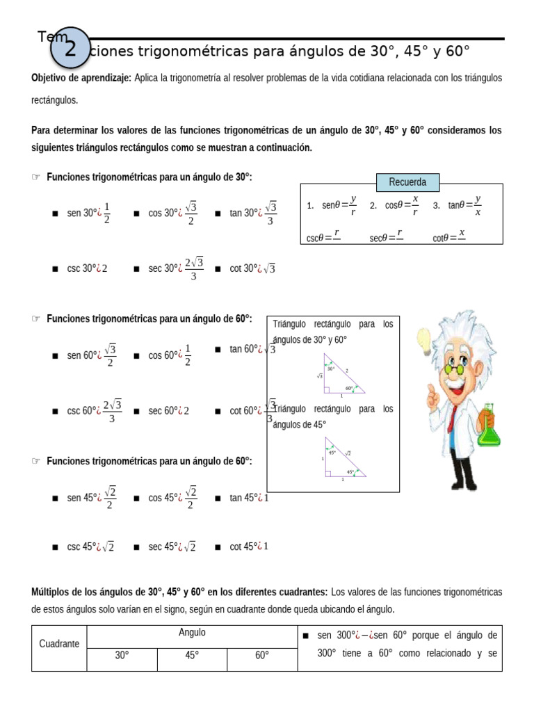 Trigonometría: Ángulos 30°, 45° y 60° | PDF | Trigonometría | Funciones ...