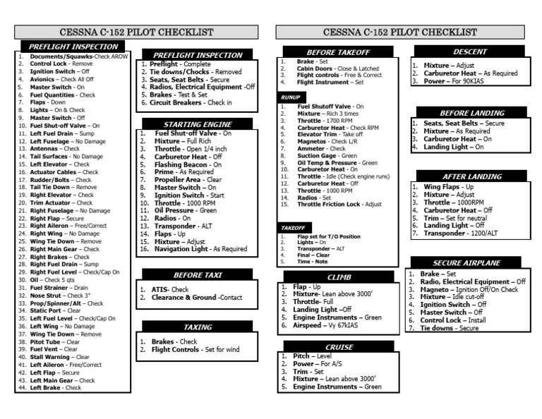 Cessna C-152 Pilot Checklist | PDF | Carburetor | Throttle