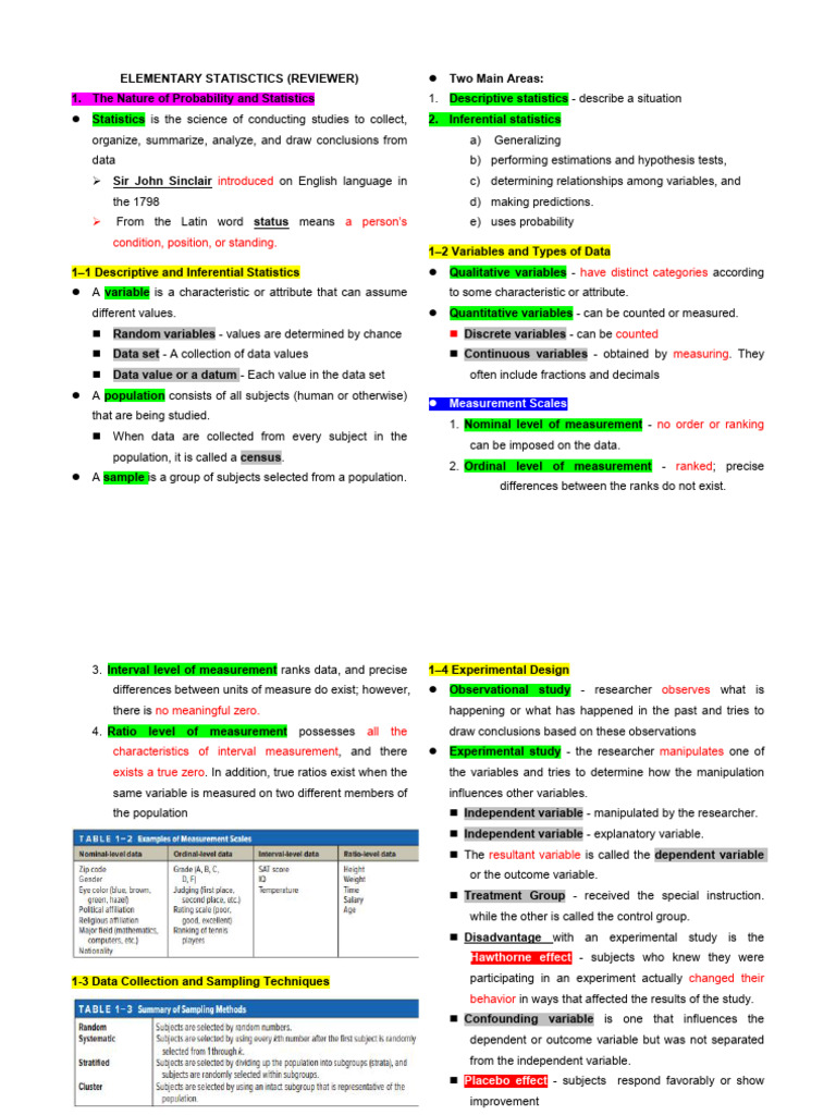 Elementary Statistics Overview Guide | PDF | Statistics | Level Of ...