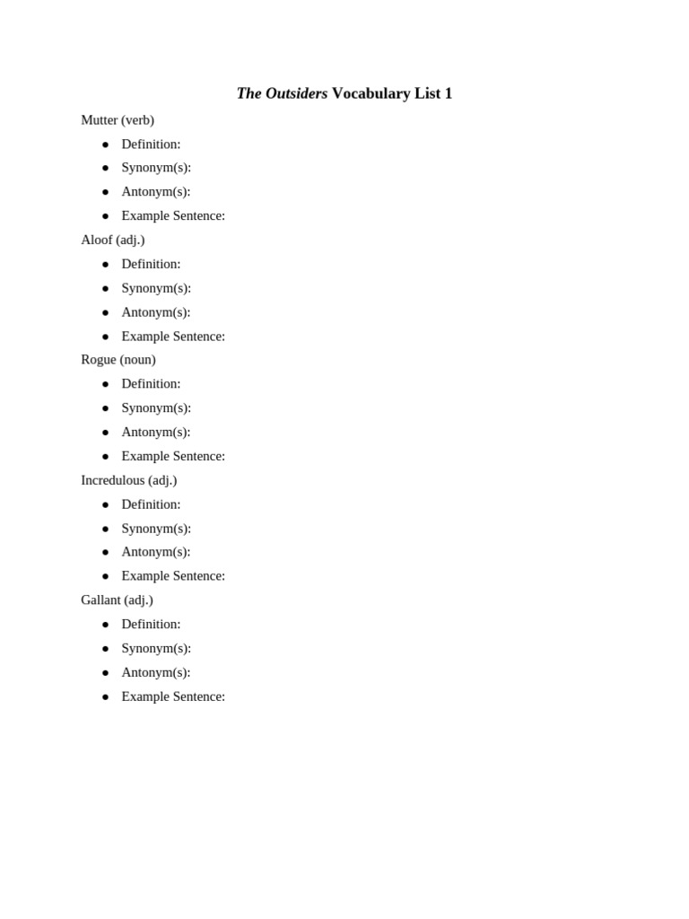 The Outsiders Vocabulary List 1 | PDF