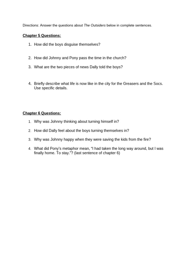 Chapter 5 & 6 Q&A for The Outsiders | PDF