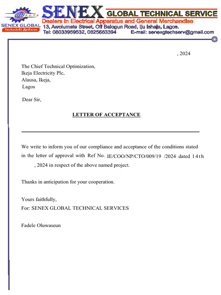 Acceptance Letter Senex | PDF
