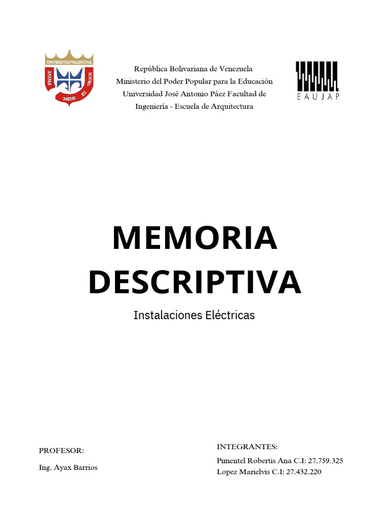 Memoria Descriptiva de La Instalación Eléctrica Marielvis López y Ana Pimentel | PDF | Cableado ...