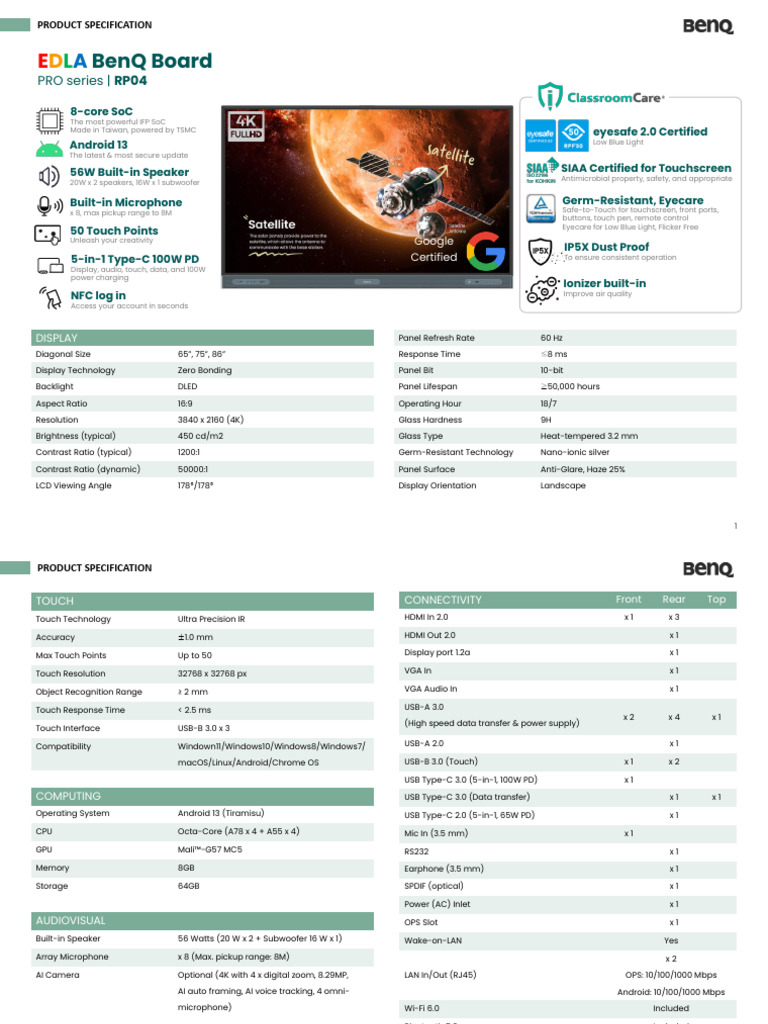 BenQ Board RP04 Spec Sheet 2024 0619 | PDF | Information And Communications Technology ...