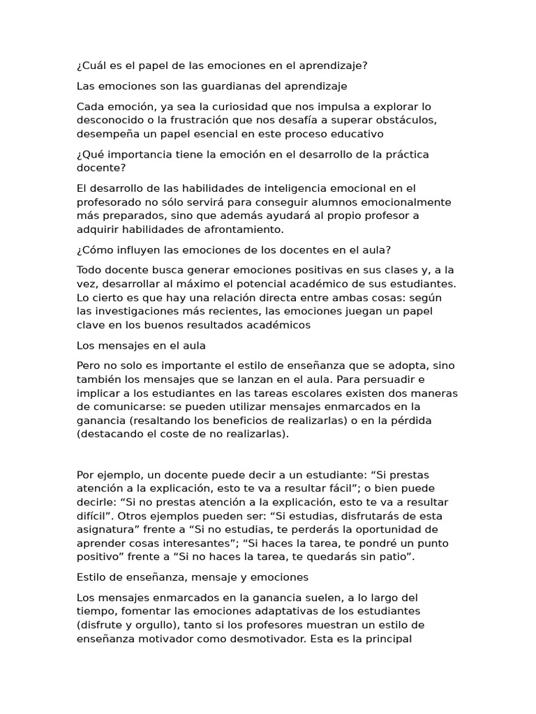 Cuál Es El Papel De Las Emociones En El Aprendizaje Pdf Las