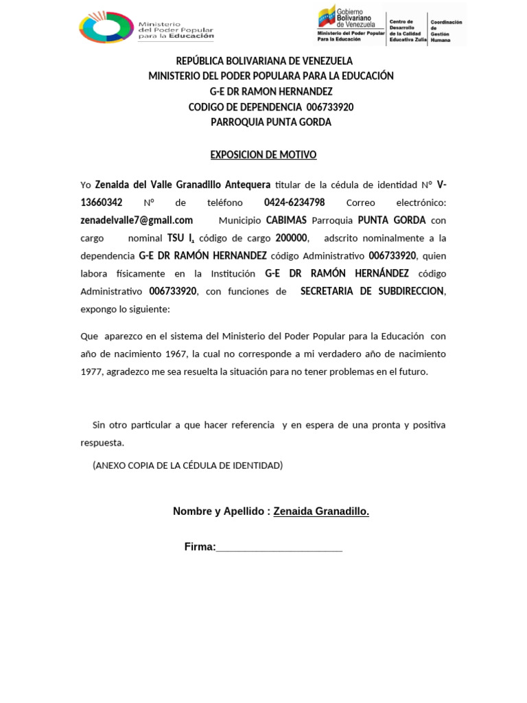 Carta Exposicion de Motivo | PDF