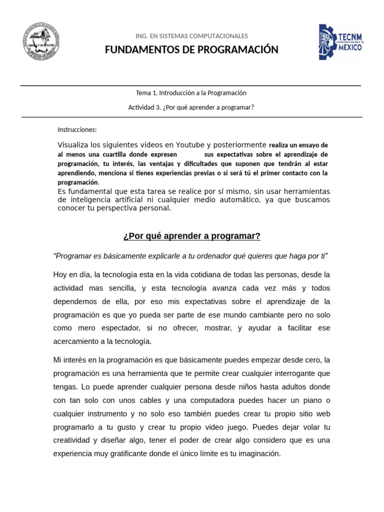Unidad 1 Actividad 3 Por Qué Aprender A Programar | PDF | Programación de computadoras | Aprendizaje