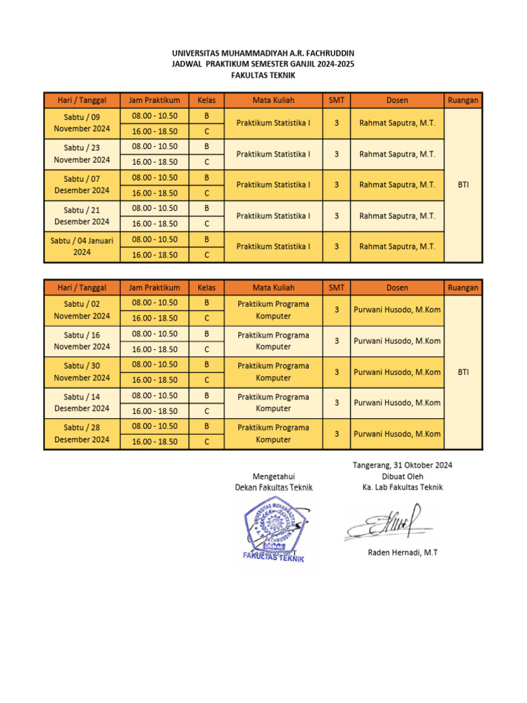 Jadwal Praktikum Teknik 2024-2025 | PDF