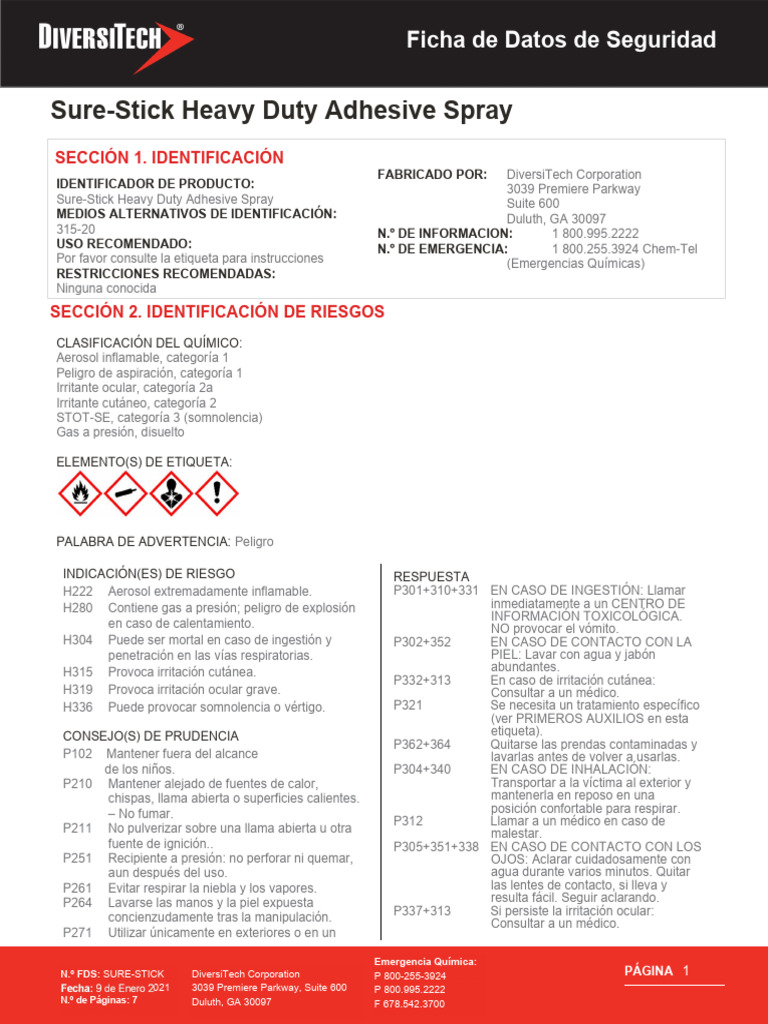 SURE STICK Adhesive Spray | PDF | Agua | Toxicidad