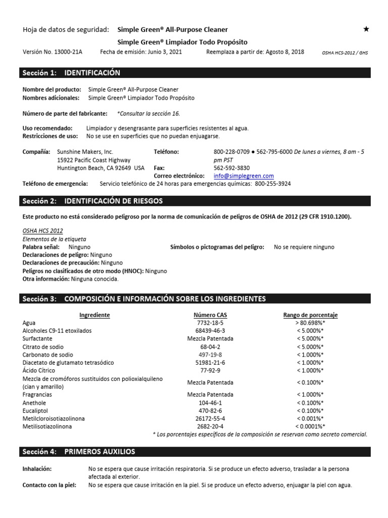 MSDS Simple Green All Purpose Cleaner | PDF | Toxicidad ...
