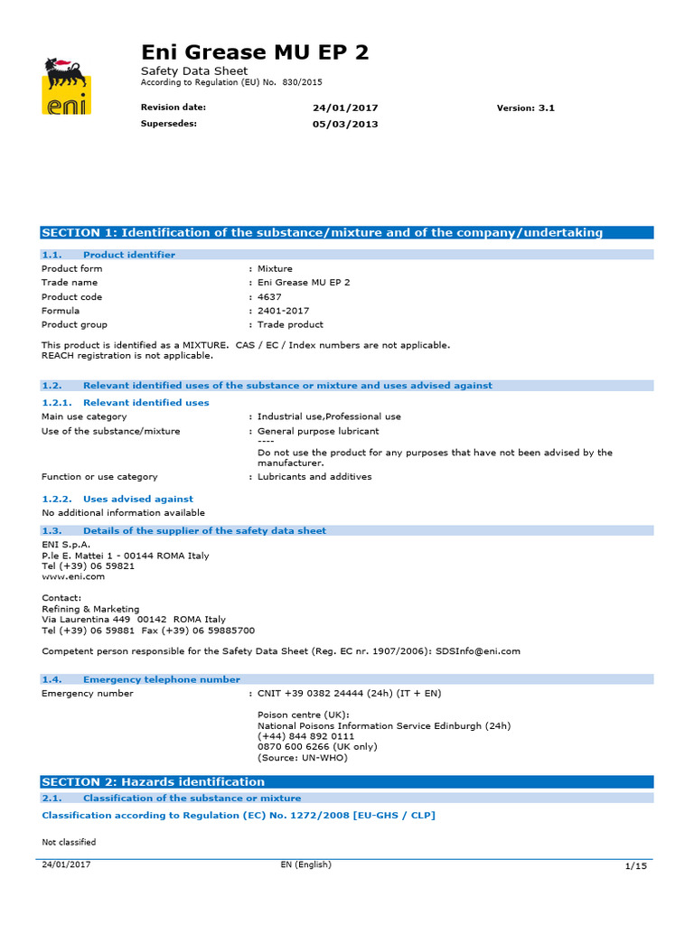MSDS AGIP Grease MU EP2 | PDF | Chemistry | Materials